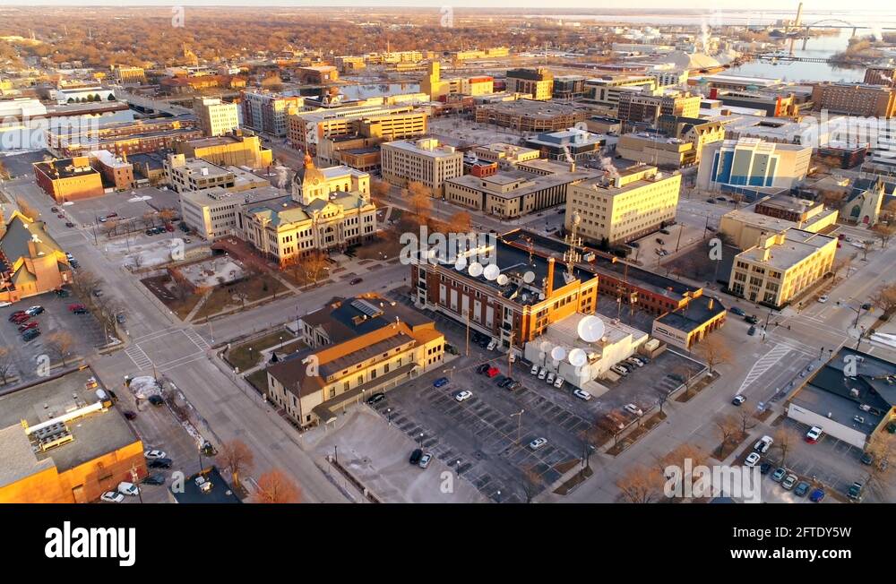 Downtown Green Bay Wisconsin scenic aerial flyover, sunrise Stock Video ...