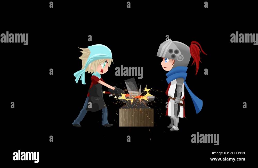 Alpha animation cartoon of knight warrior waiting blacksmith to craft ...