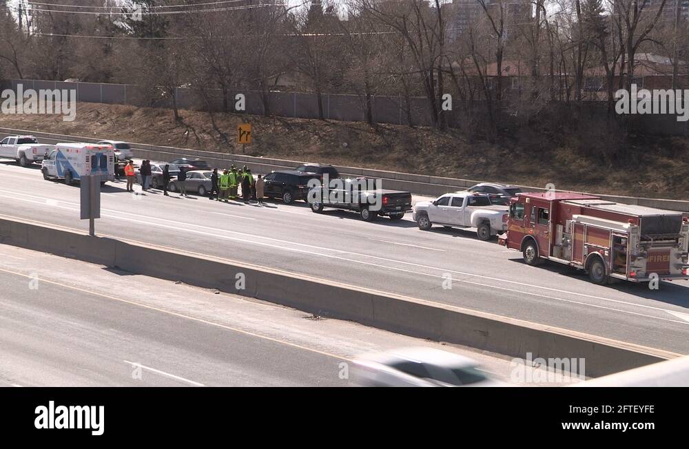 Multiple car crash and accident on highway with police and ambulance on ...