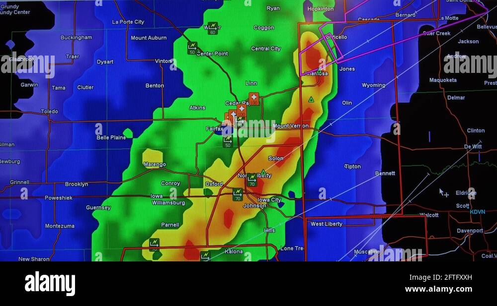 Doppler radar screen showing line of thunderstorms and tornado ...