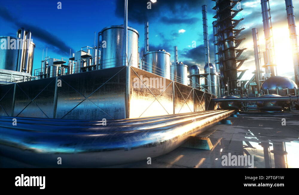 Refinery. Petrolium, chemical plant. Metal Pipe.Realistic cinematic 4k ...