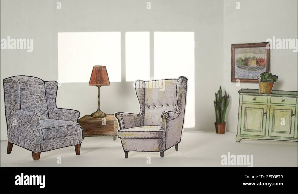 Arranging empty room with furniture and decorations. Cut out paper ...