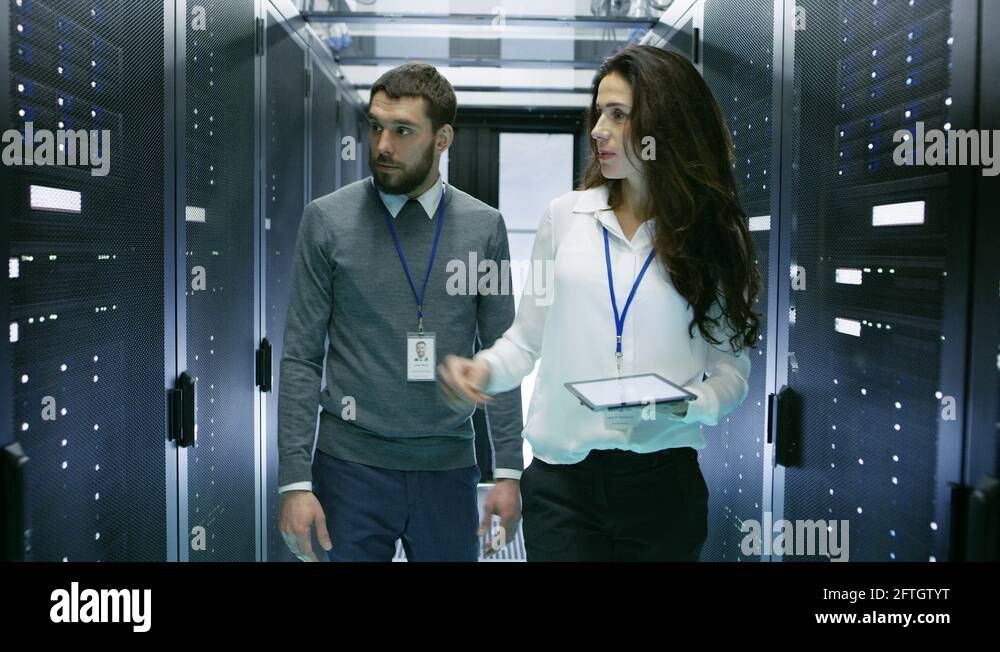 IT Engineer Shows Working Data Center/ Server Room to Female Chief ...