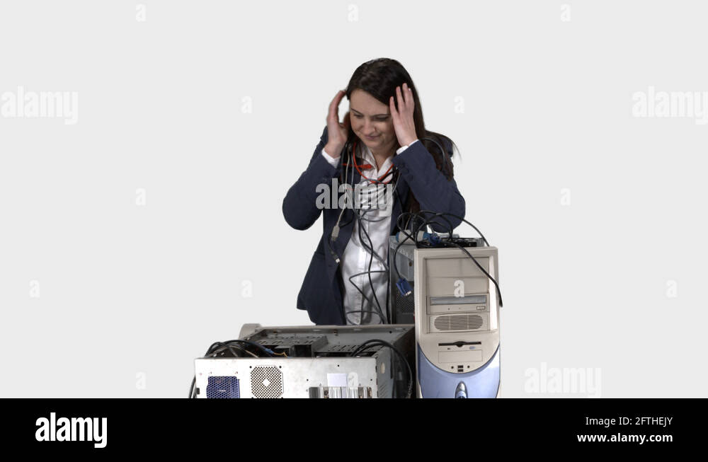 Frustrated woman trying to repair computer system unit. Alpha channel ...