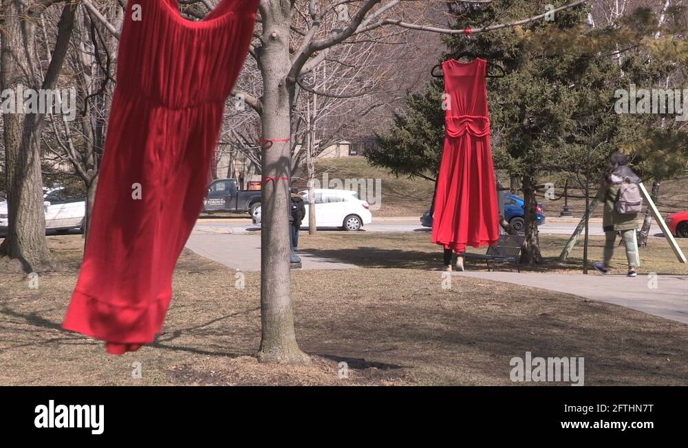 Red dresses hang from trees in memory of missing and murdered ...