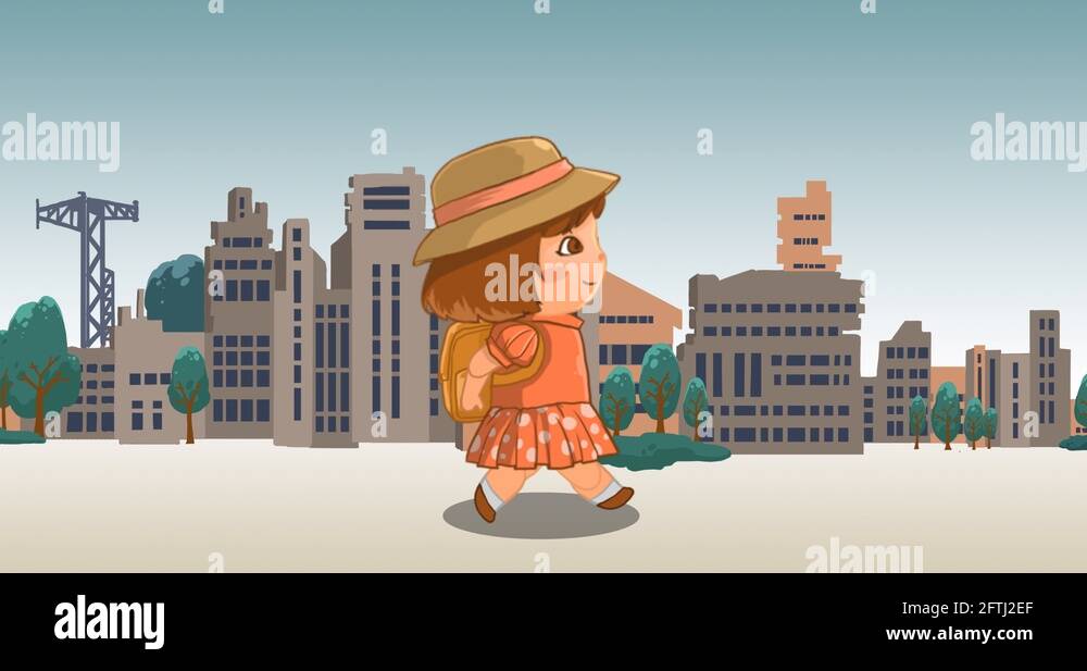 Animation girl walking on the street with cityscape sight scene ...