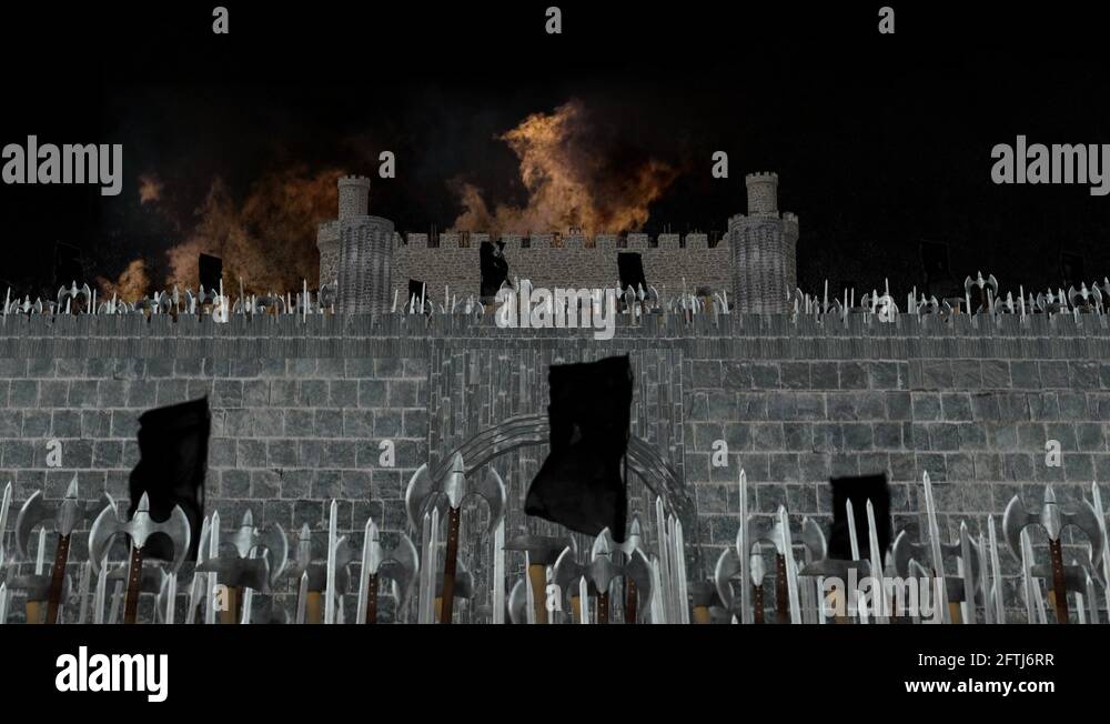 Great Medieval Army of Warriors Invading into a Burning Castlle in ...