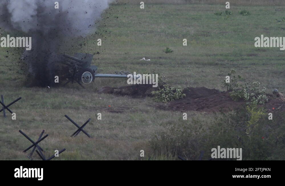 Artillery is firing. Destruction artillery. Weapon explosion Stock ...