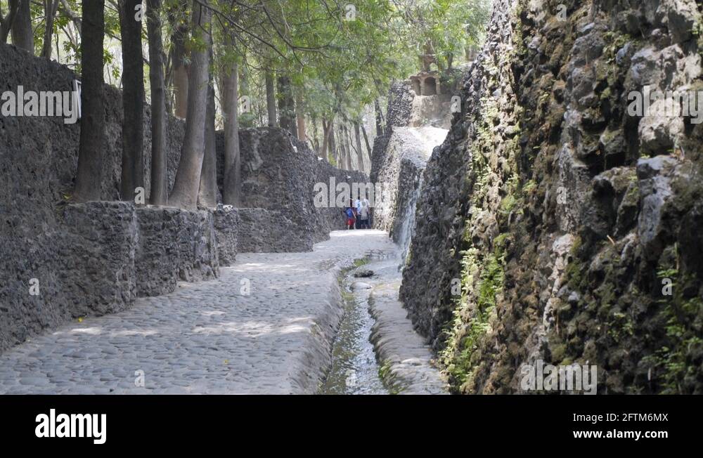 Path in Rock Garden of Chandigarh, waterfall creek, tourists, India ...