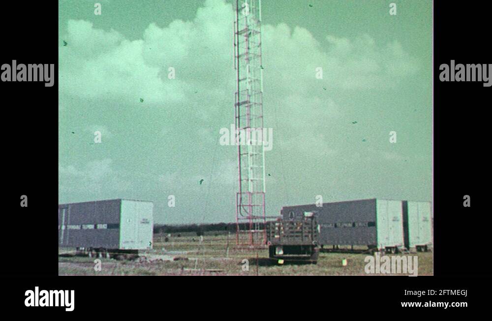 1960s: Temporary tower built on ground. View up temporary tower. Ground ...