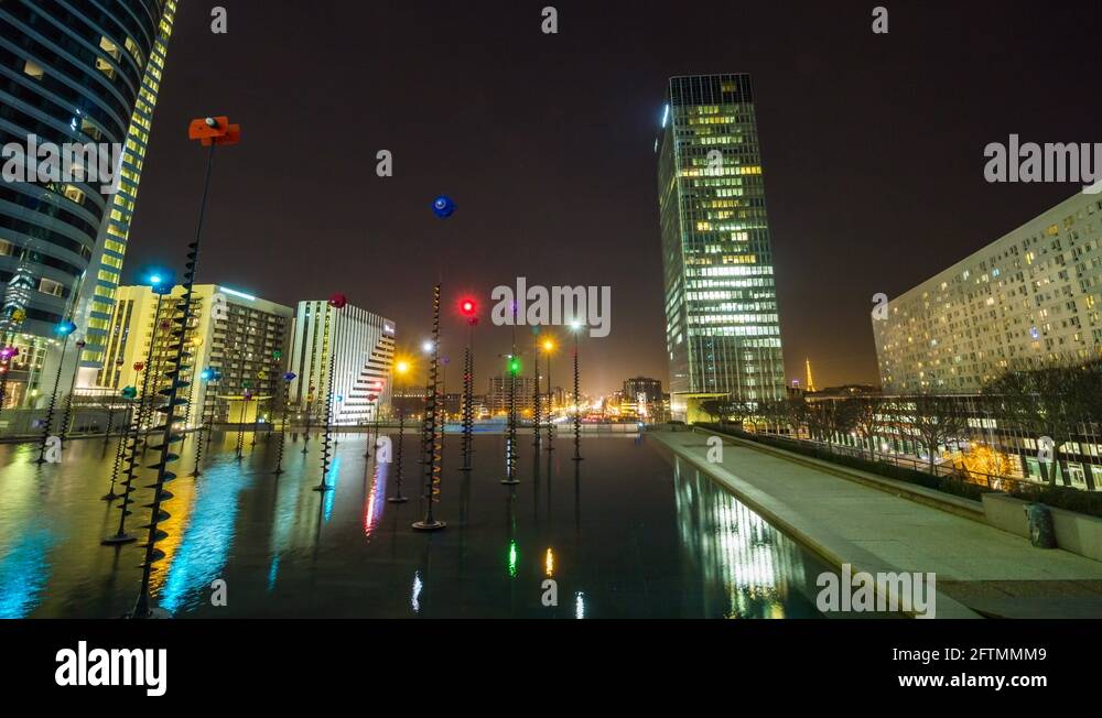 paris la defense esplanade illuminated fountain view 4k time lapse ...