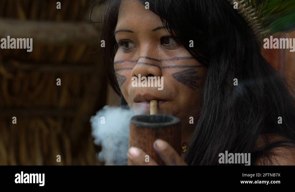 Native Brazilian woman from Tupi Guarani tribe smoking pipes, Brazil ...