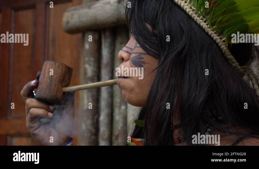 Native Brazilian woman from Tupi Guarani tribe smoking pipes, Brazil ...