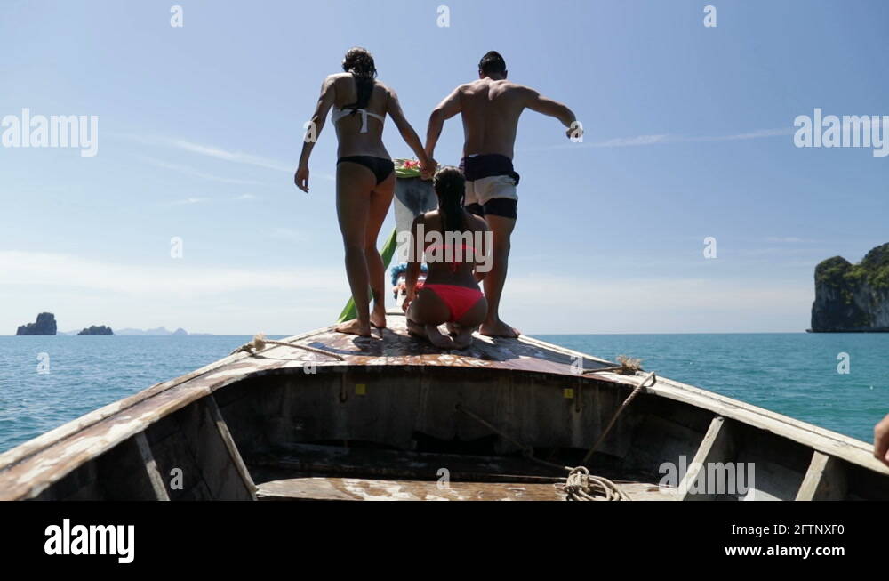 People On Long Tail Boat Nose Back Rear View, Couple Jumping In Water ...