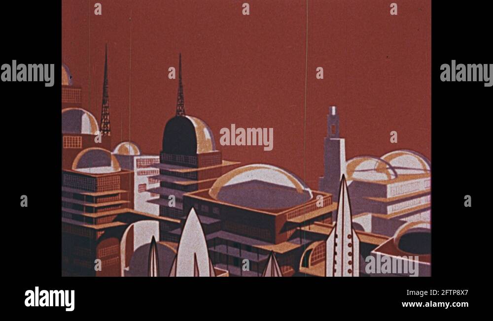 United States: 1950s: Cartoon rockets taking off in front of city ...