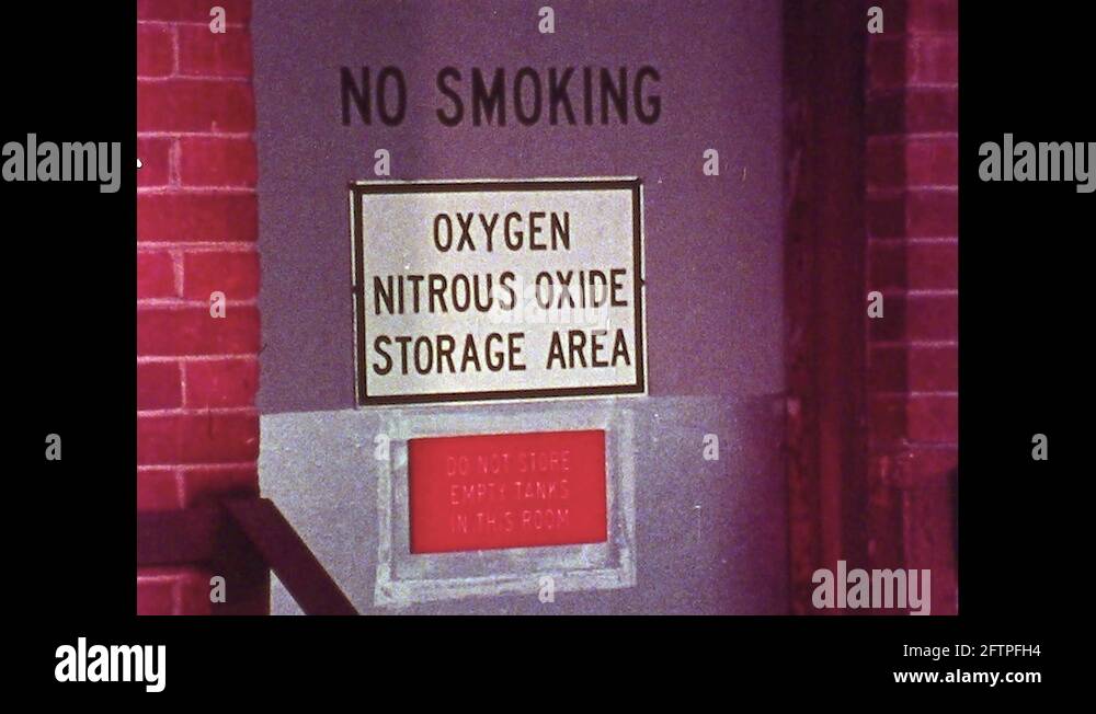 UNITED STATES, 1970s: No smoking sign next to oxygen, and nitrous oxide ...