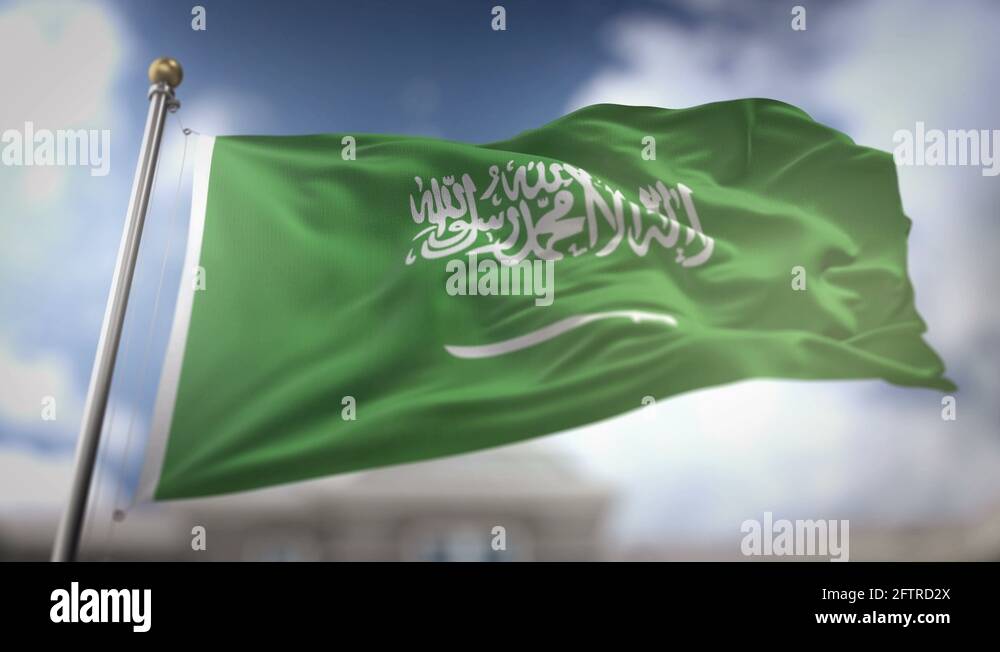 Saudi Arabia Flag Waving Slow Motion 3D Rendering Blue Sky Background ...