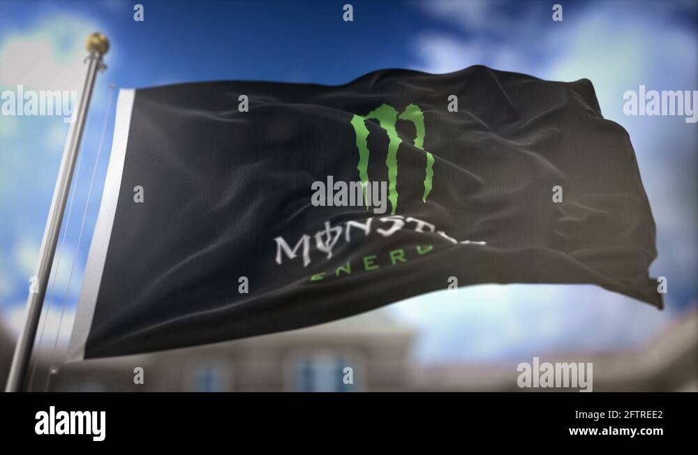 Monster Energy Flag Waving Slow Motion 3D Rendering Blue Sky Background ...