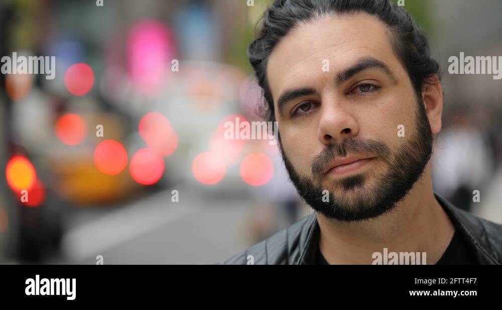 Bearded man in city face portrait Stock Video Footage - Alamy