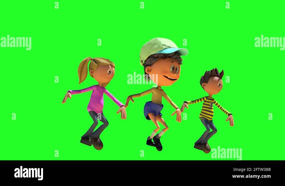 animated cartoon children running on a green background render 3D Stock ...