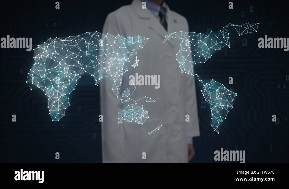 scientist touch IoT technology connect global world map. map, internet ...