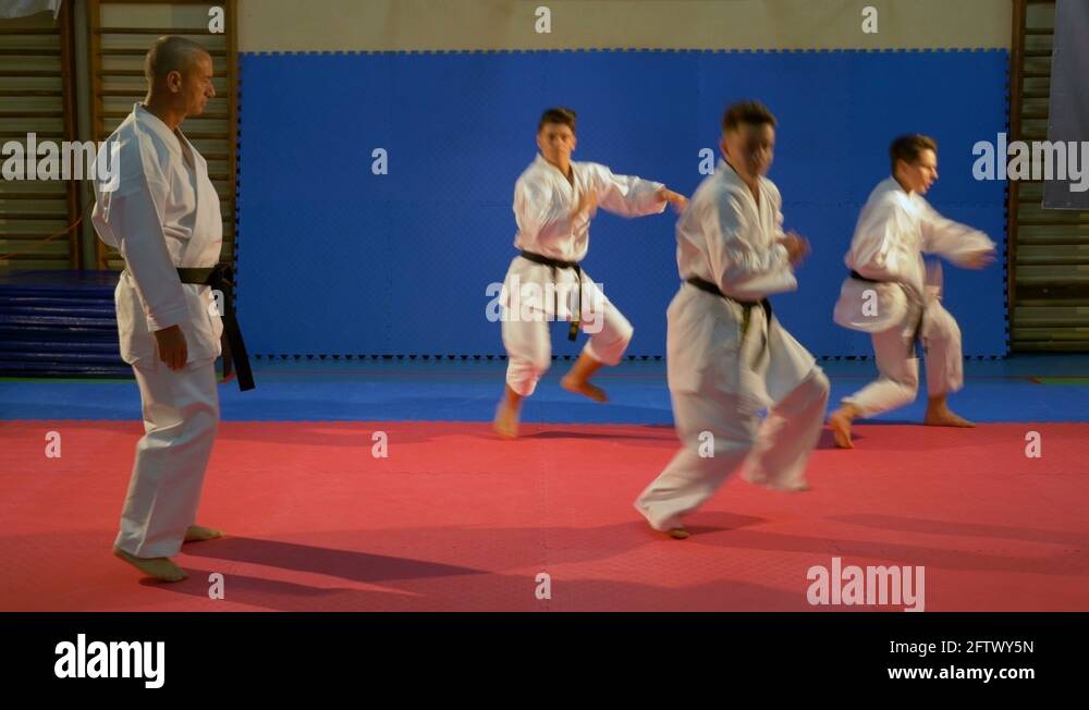 Sensei supervising karate black belt practitioners performing kata at ...