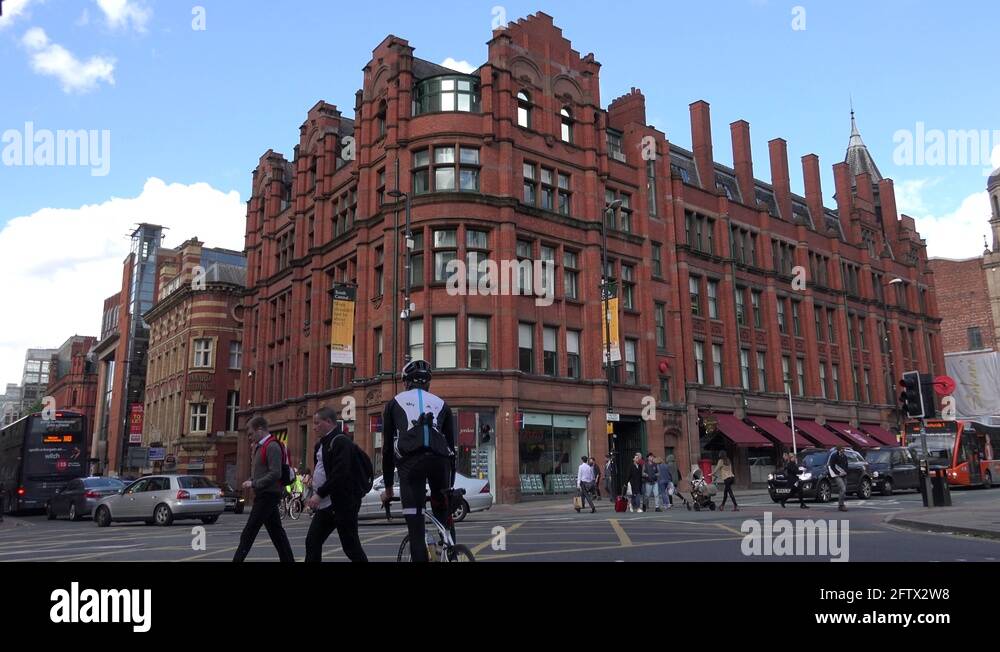 4K Bustling car street in downtown Manchester iconic city place people ...