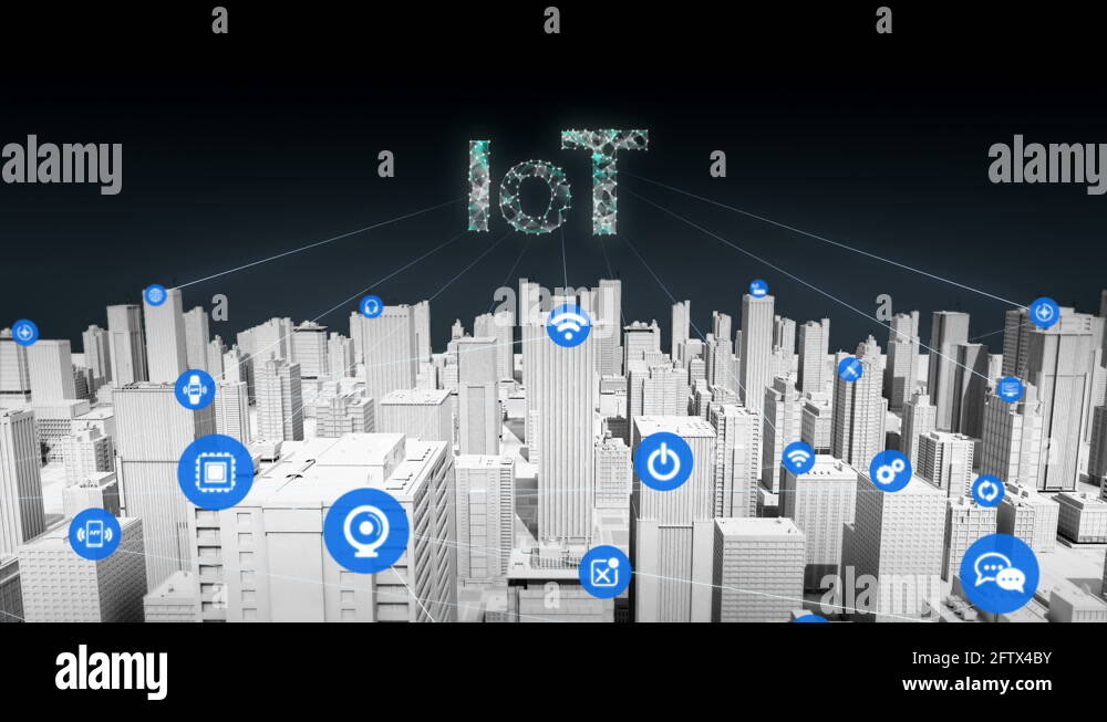 Forward moving, sensor icon on Smart city, connecting 'IOT'. white ...