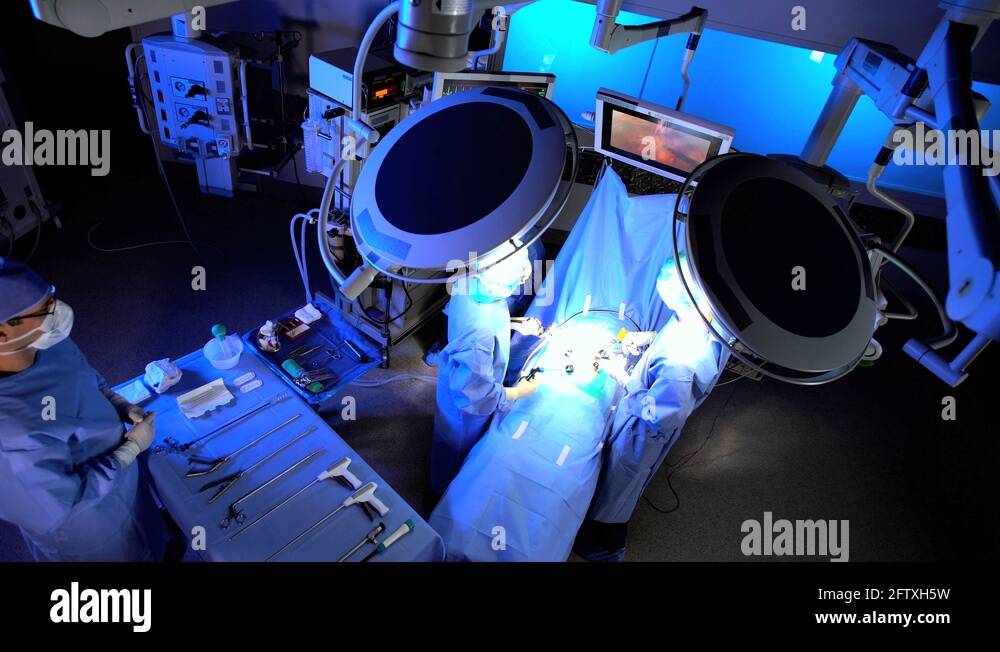 Overhead view of Laparoscopic surgical operation transmitted on ...