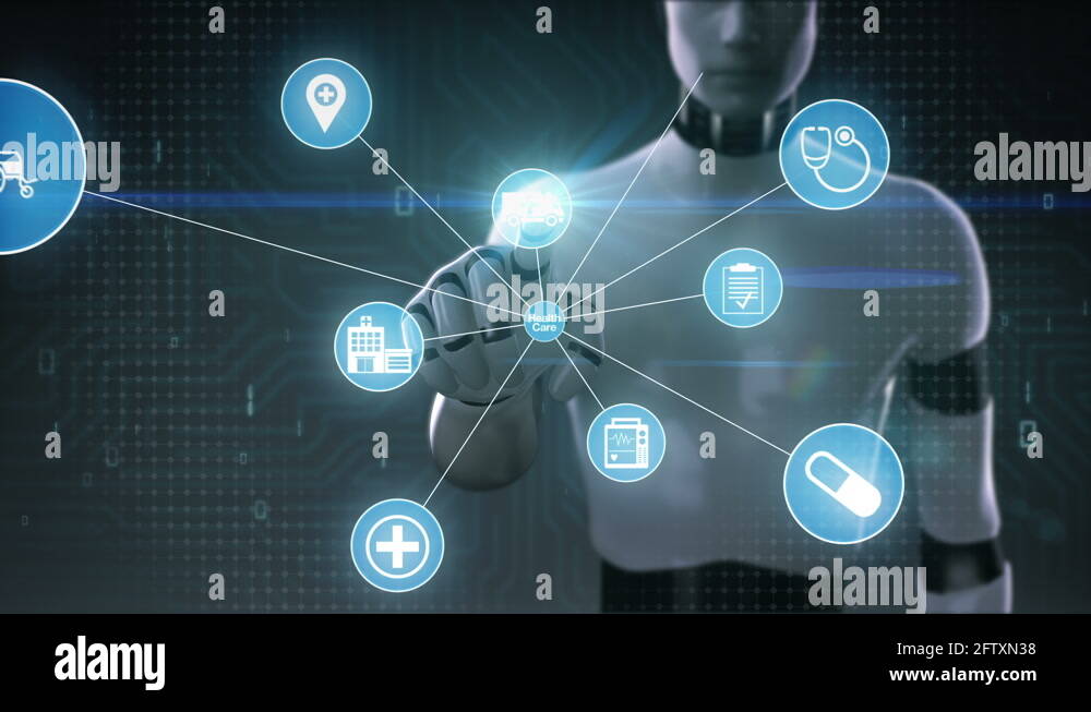 Robot cyborg touching Health care icon connect global world map, 2 ...