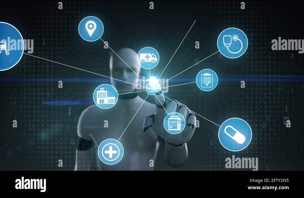 Robot cyborg touching Health care icon connect global world map, 1 ...
