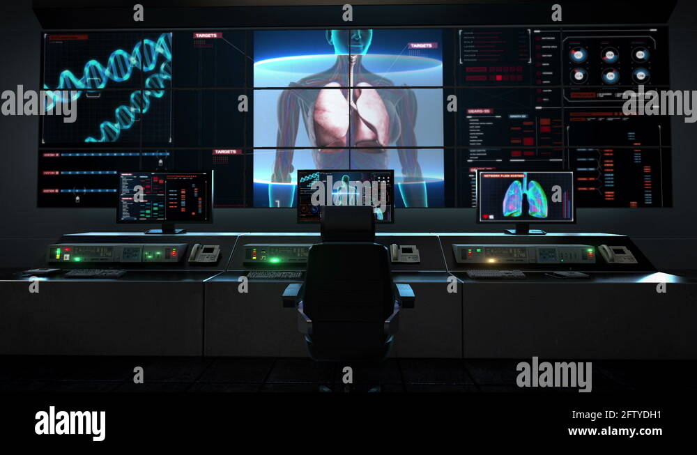 Human medical care center, main control room, Rotating Human Female ...