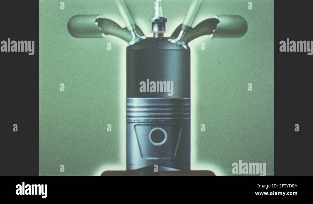 1950s: Animation. Cutaway view of a running engine. A turning crank ...