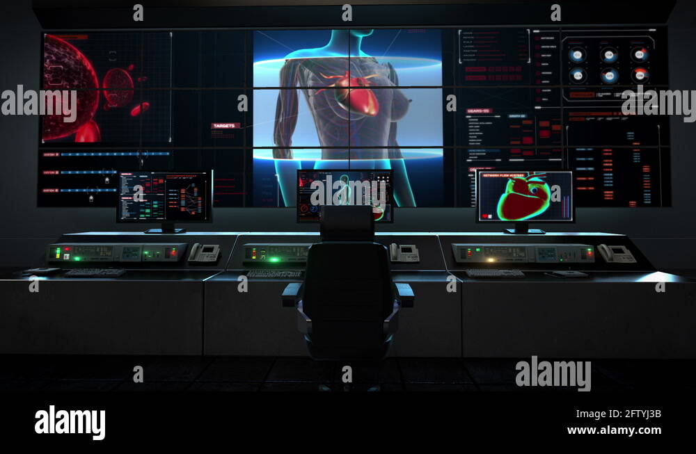 Human medical care center, main control room, Female body and scanning ...