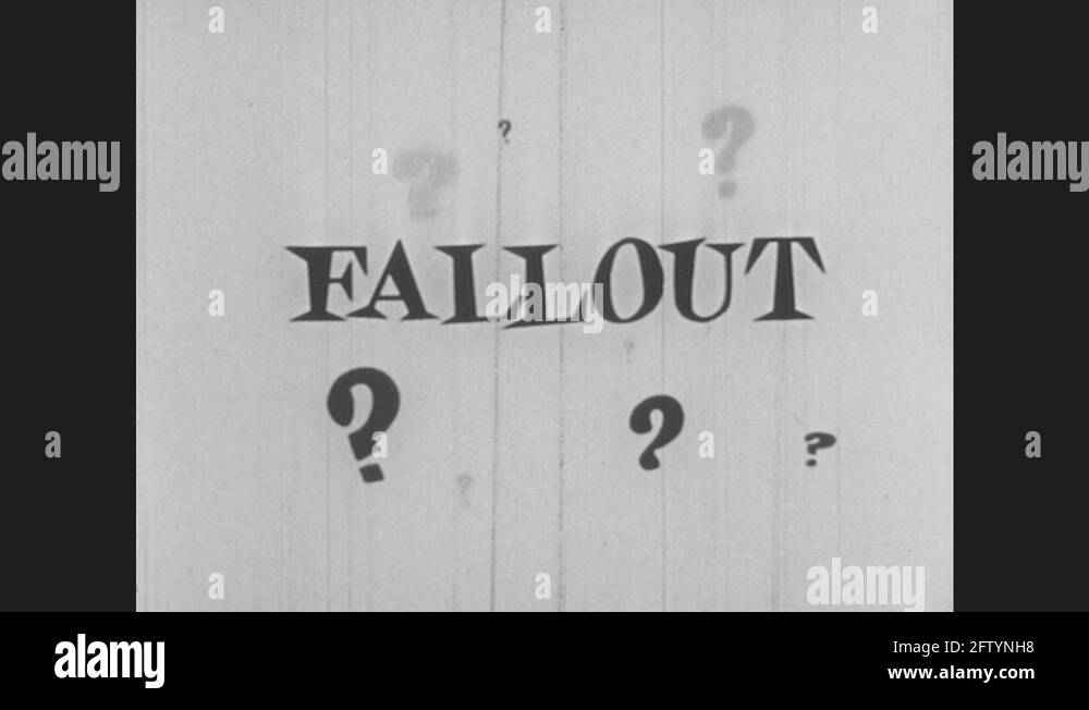 1950s: UNITED STATES: Animated title 'fallout'. Rain falls on title ...