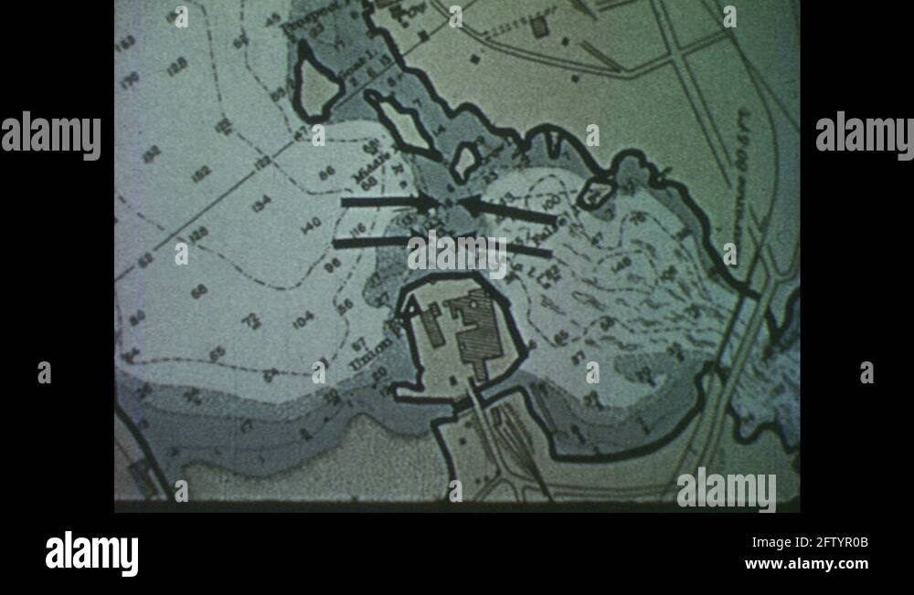 1950s: Map with black arrows. River flows gently. Strong rapids moving ...
