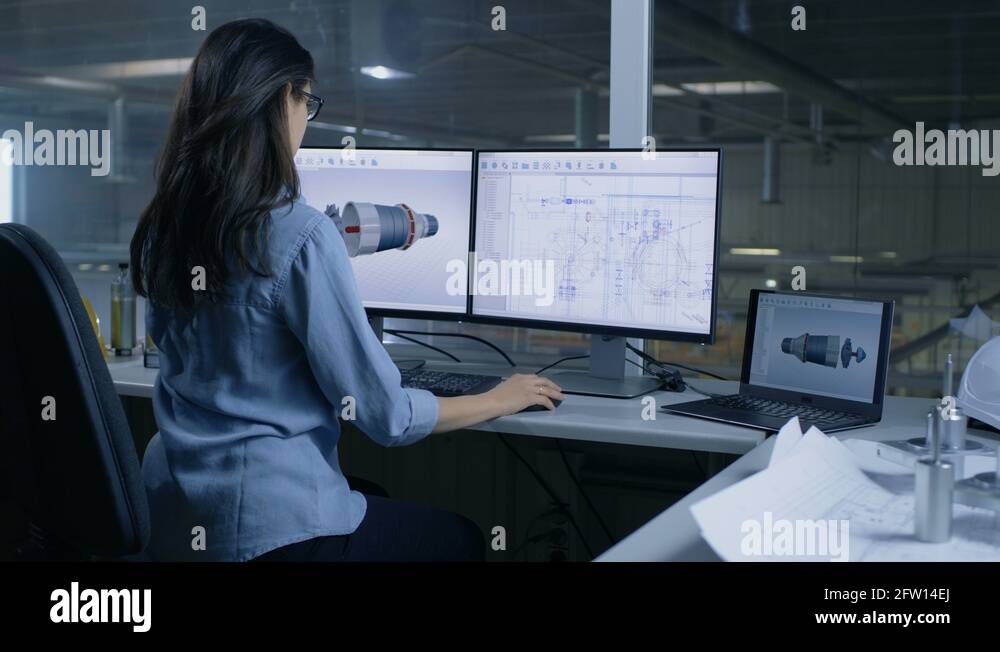 Chief Female Engineer Designs on 3D Model of a Turbine or Engine Part ...