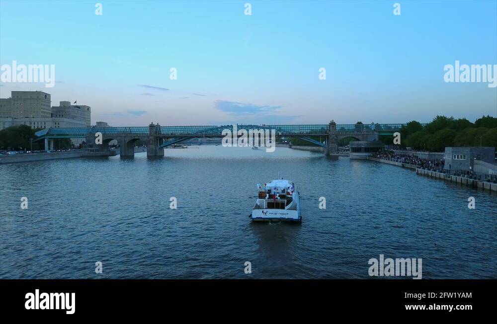 twilight moscow river gorky park pedestrian bridge aerial panorama 4k ...