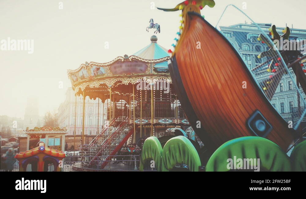 Two-storey Fairground Vintage Carousel and Ship Attraction Stock Video ...
