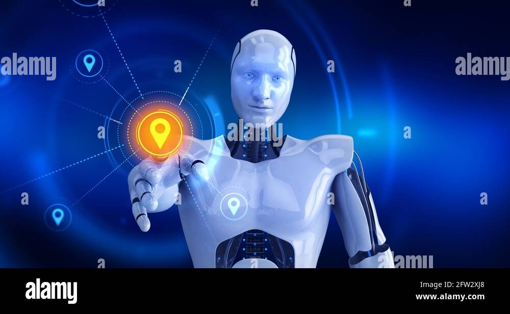 Humanoid robot touching on screen then location pin symbols appears ...