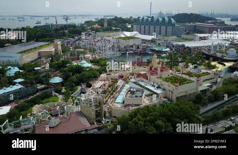Drone shot of roller coaster Sentosa island theme park in Singapore ...