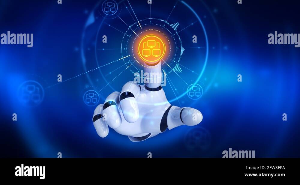 Robot hand touching on screen then computer network symbols appears ...