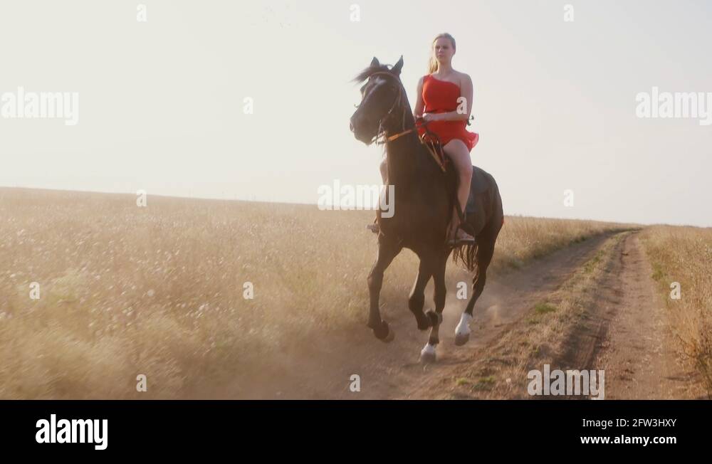 Young girl in long scarlet red dress riding black horse on dry ...
