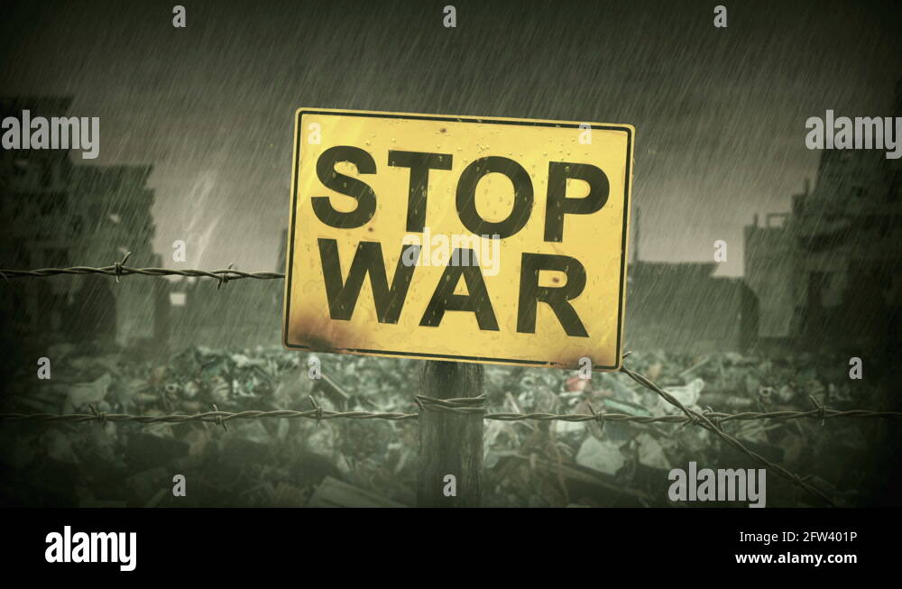 Stop war sign in the rain. Matte painting animation. Post apocalyptic ...