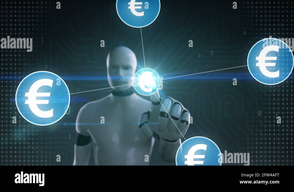 Robot cyborg touching Euro currency symbol, dots makes global world map ...