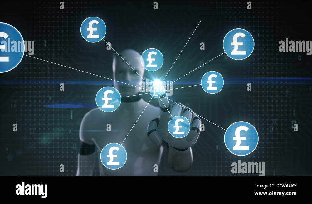 Robot cyborg touching Pound currency symbol, dots makes global world ...