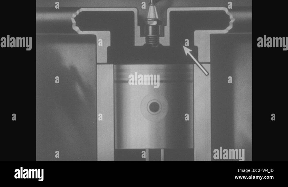 1930s: Animation of rod and piston movement inside engine. Arrows point ...