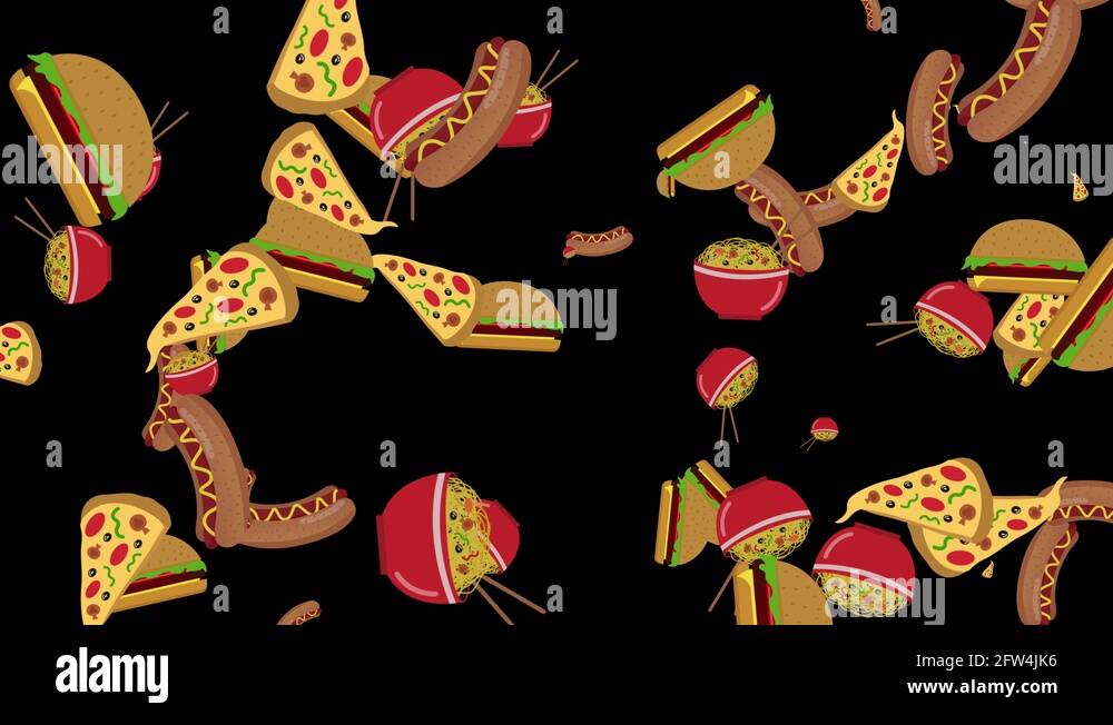 different fast food flying on black background seamless loop. fast food ...