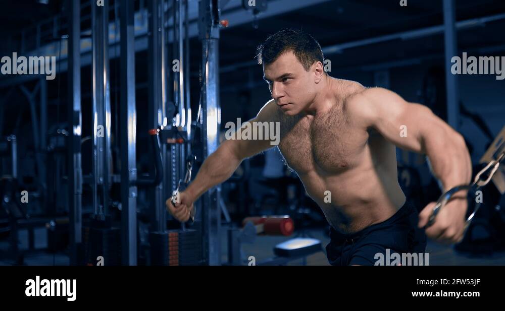 bodybuilder doing exercise on the simulator in the gym. exercises for ...