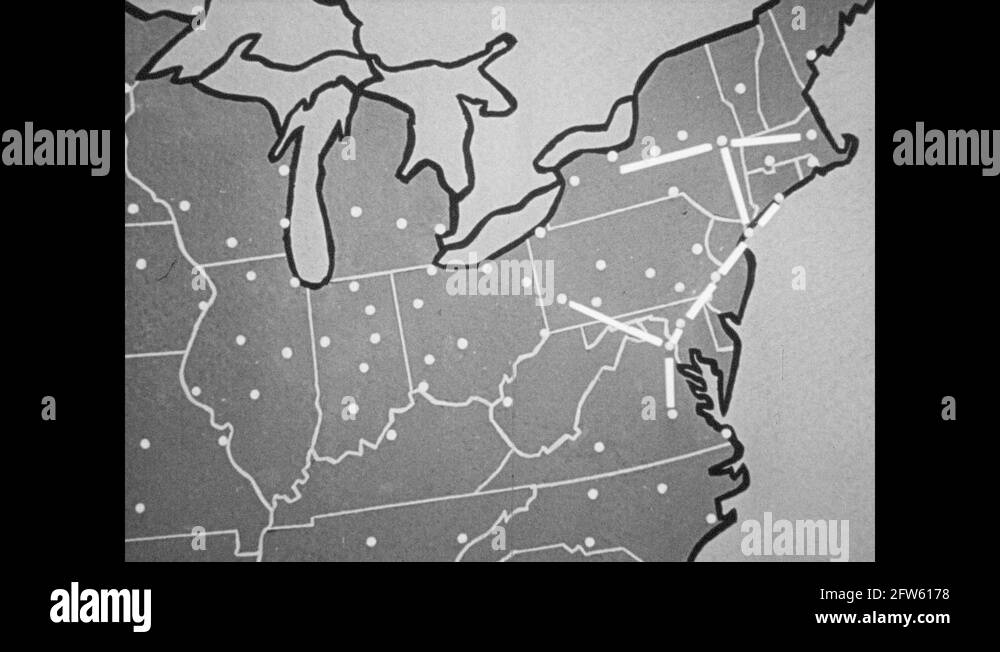1950s: UNITED STATES: map of NBC television network in 1940s. Spread of ...